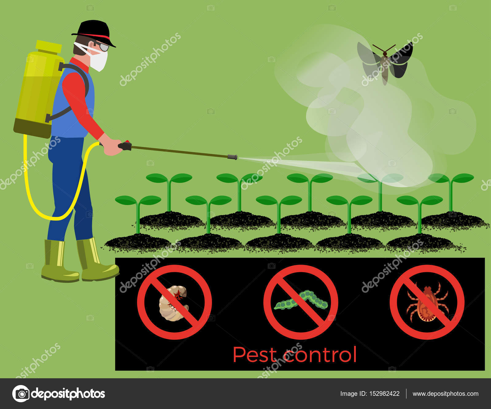Farmer rocía pesticida Vector de stock #152982422 de ©newgena