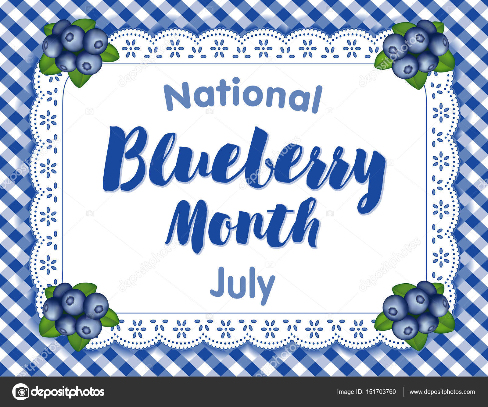 Blueberry Month, July, Lace Doily Place Mat, Blue Gingham Stock Vector ...