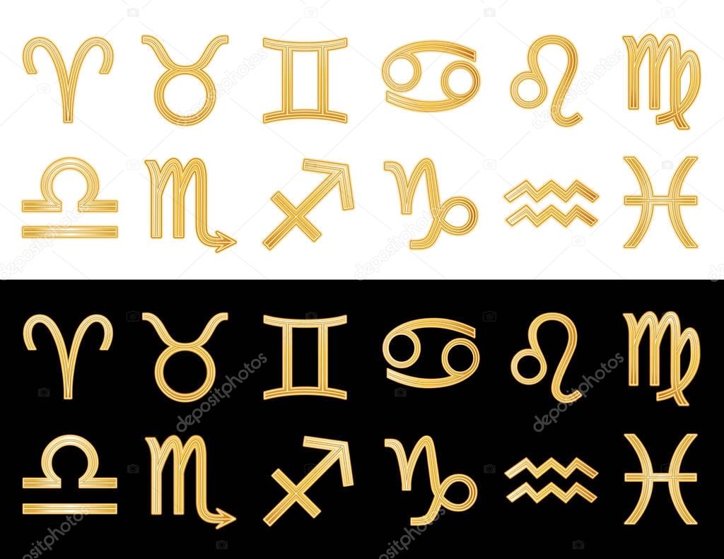 Signos del sol del horóscopo, doce símbolos del zodíaco del oro, fondo ...
