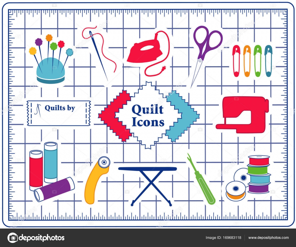 Quilt, Patchwork, DIY Sewing Icons on Cutting Mat Stock Vector Image by ...