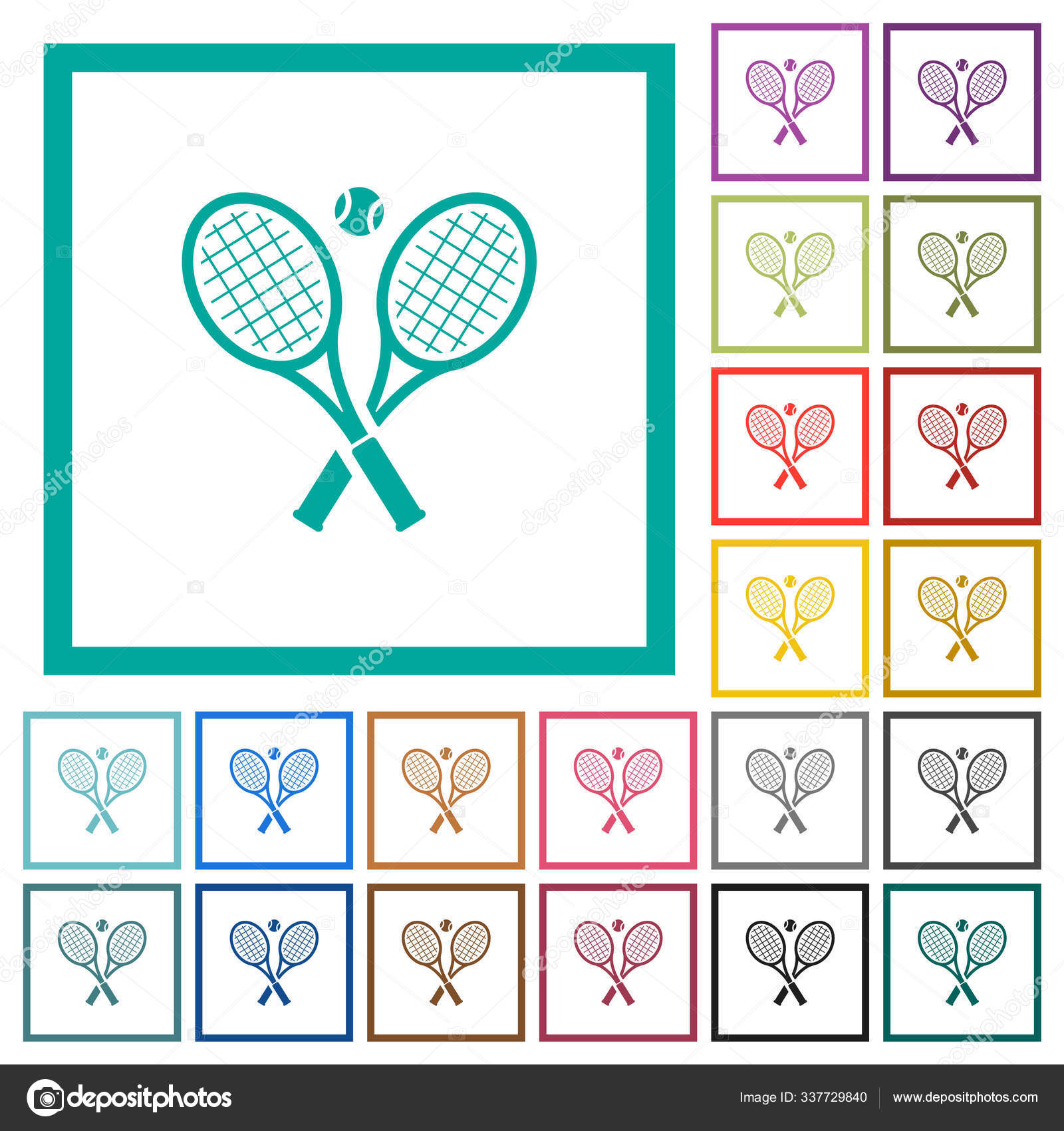 Tennis rackets with ball flat color icons with quadrant frames Stock ...