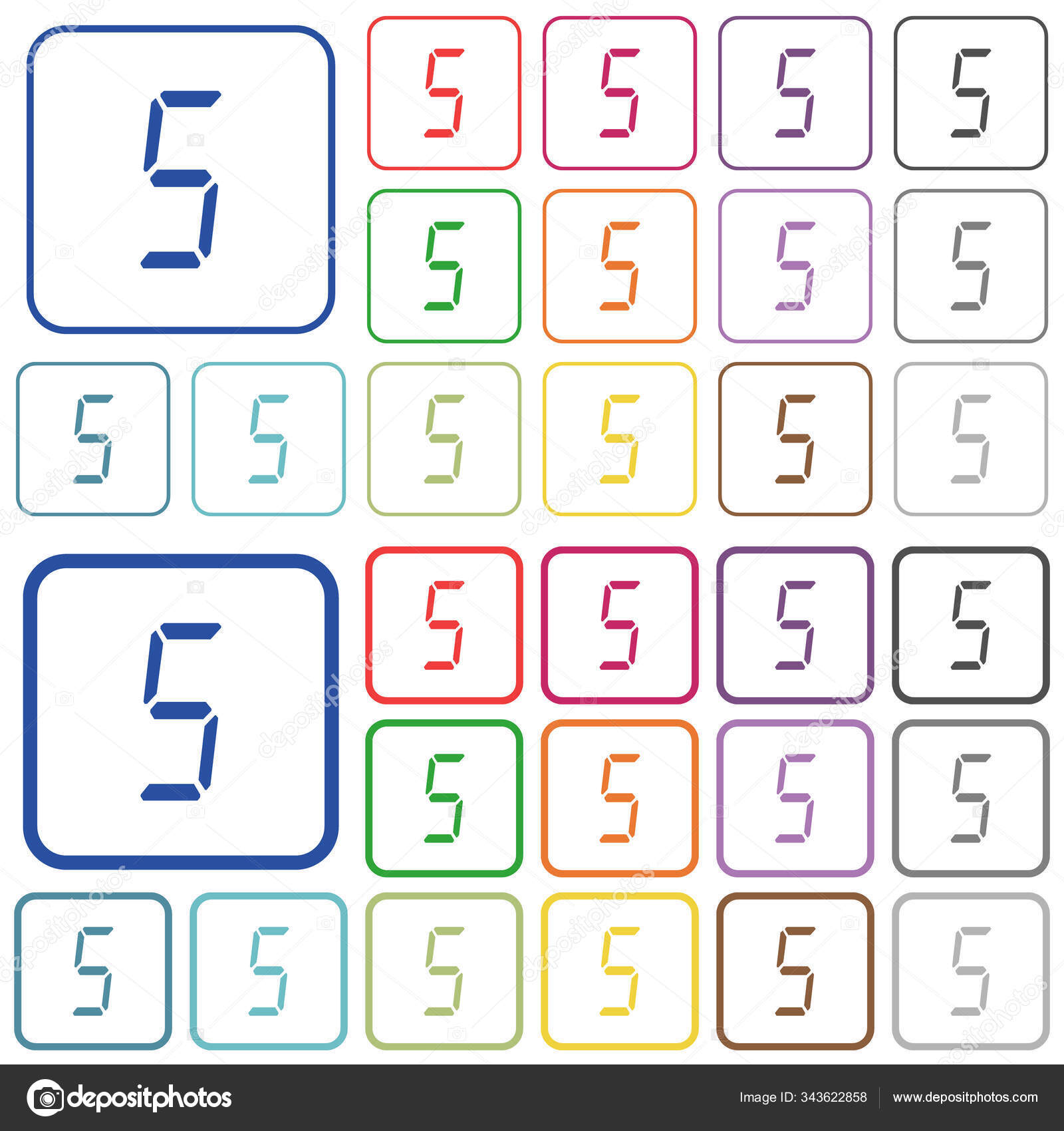 Digital number five of seven segment type outlined flat color icons ...