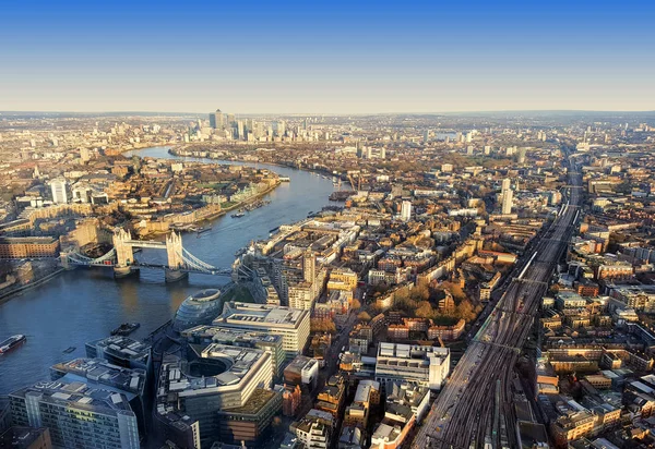 London aerial view with Tower Bridge in sunset time — Stock Photo ...
