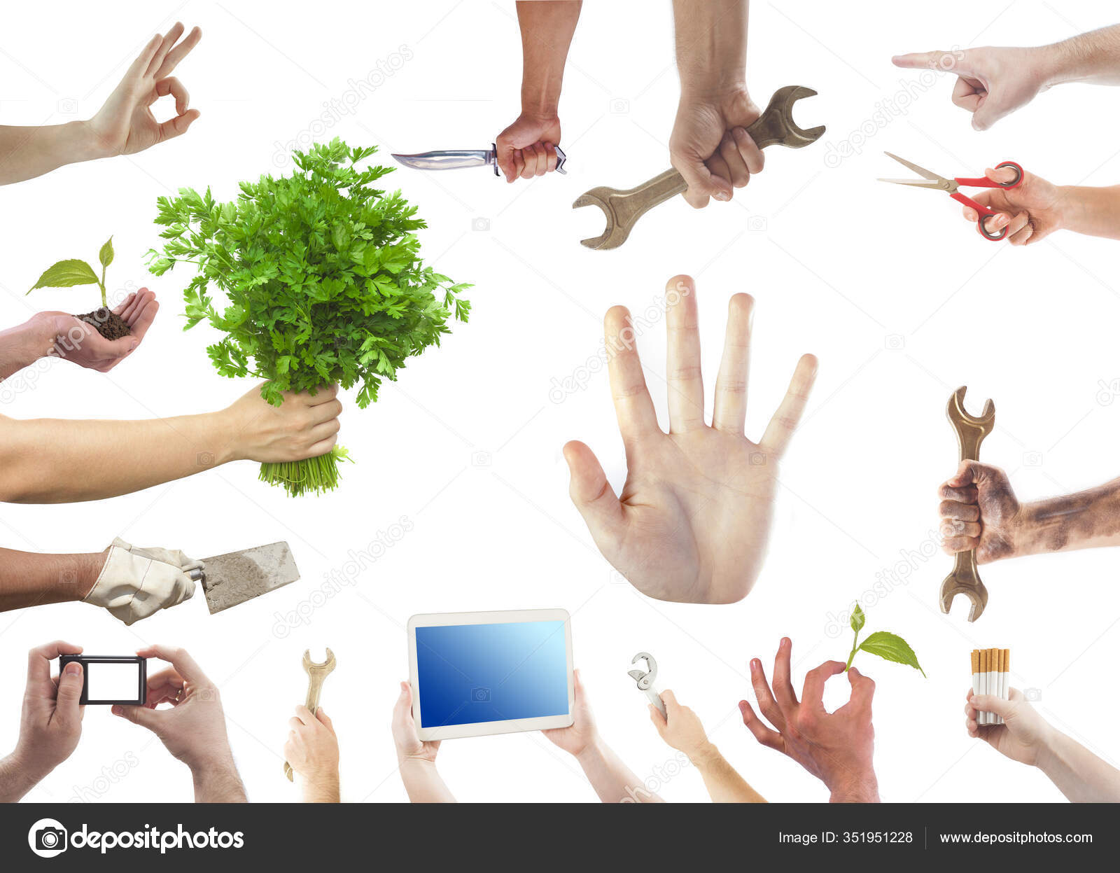 Set Hands Holding Objects Signs Isolated White — Stock Photo ...