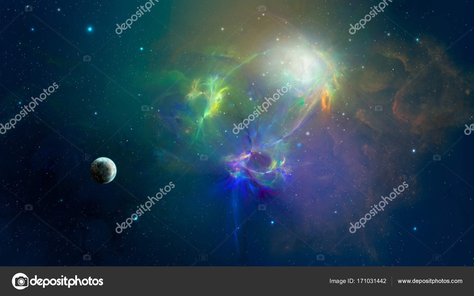 Space scene. Multi colored nebula with planet. Elements furnishe Stock ...