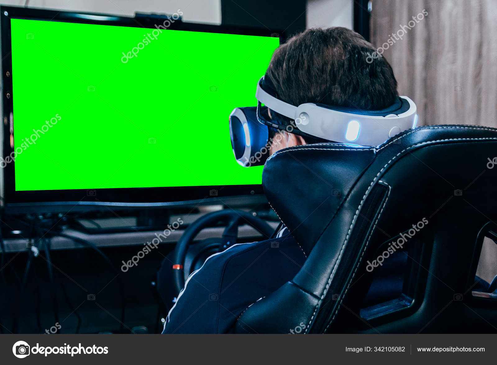 Young Man Play Game Virtual Reality Glasses Simulator Chair Steering ...