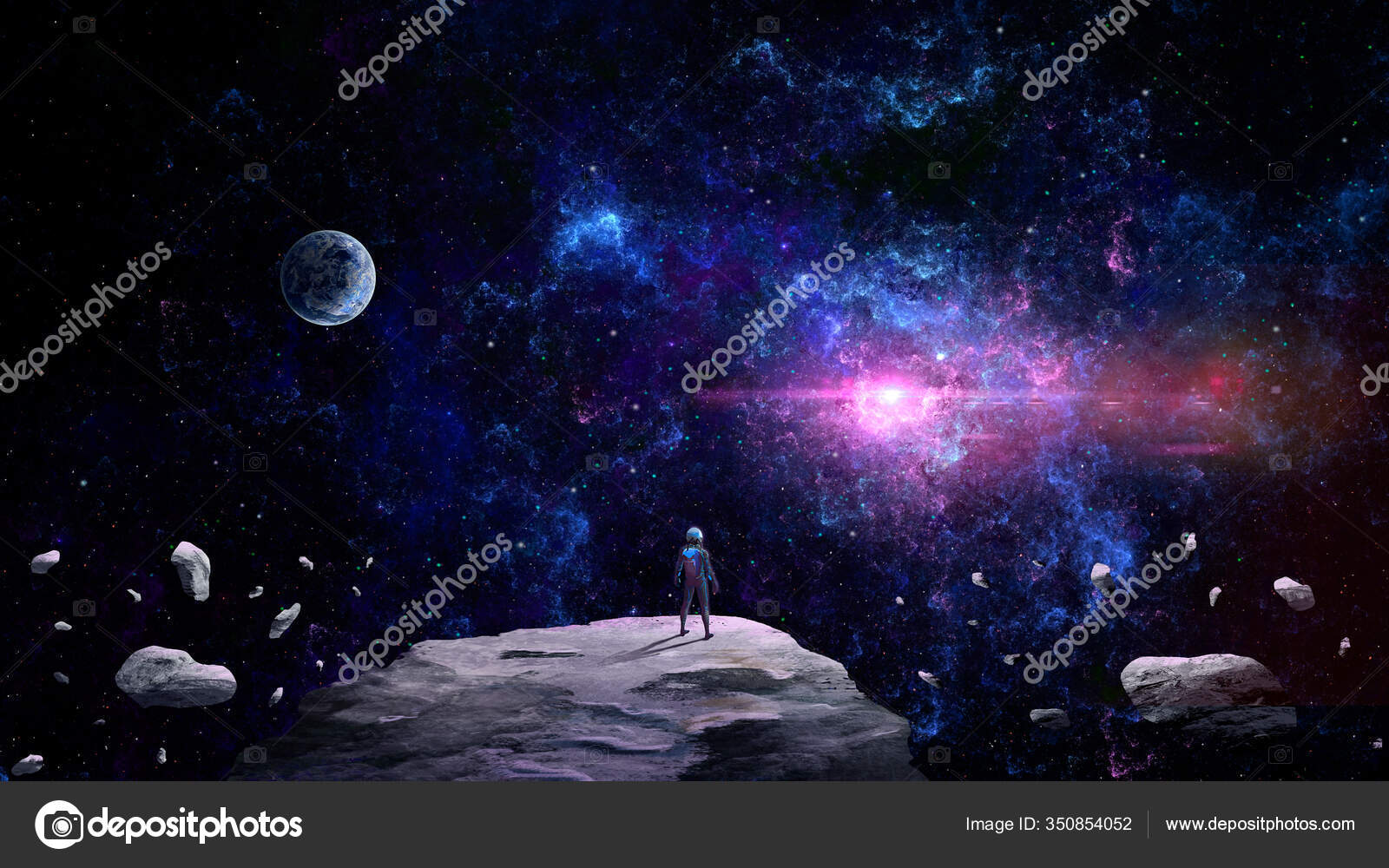 Space Background Sci Astronaut Standing Rock Colorful Fractal Nebula ...