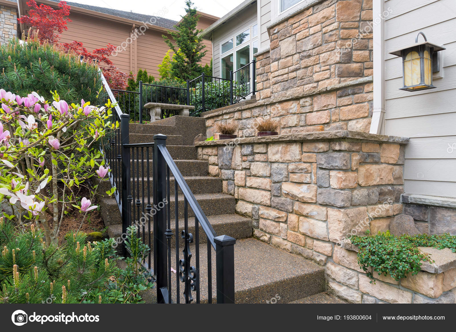 House Front Entry Concrete Stairs Stone Wall Planters — Stock Photo ...