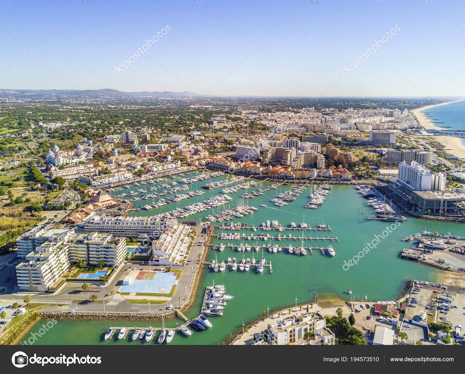Aerial view of luxurious and touristic Vilamoura, Algarve, Portu Stock ...