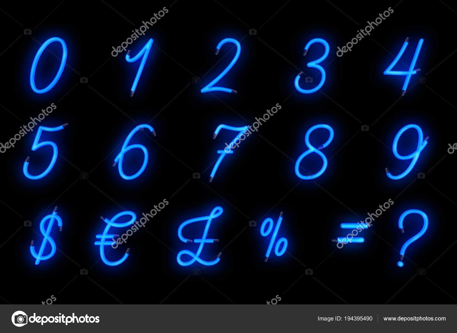 Neon font blue alphabet number numeric word text series symbol s ...