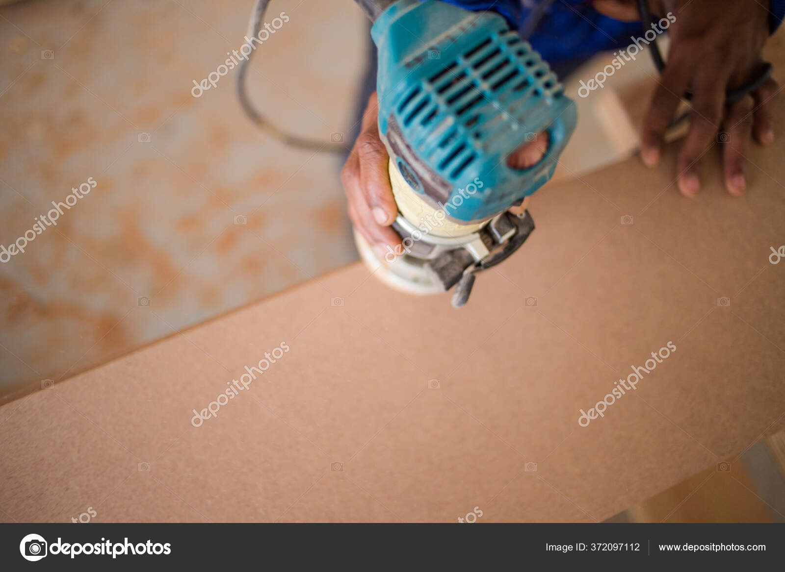 Close Image Woodworker Using Router Wood Furniture Manufacturing ...