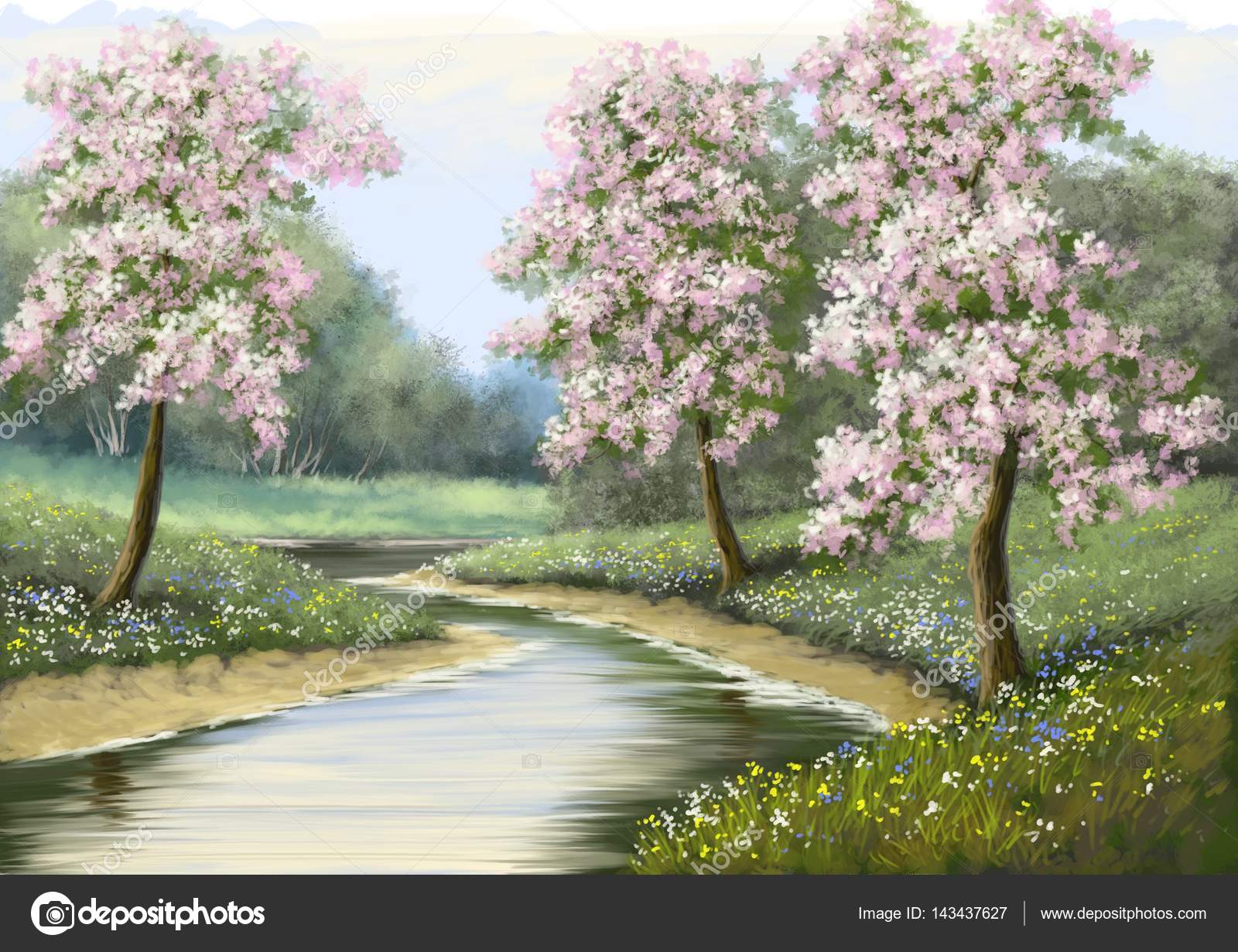 Spring,flower,river, paintings — Stock Photo © yarikkk #143437627