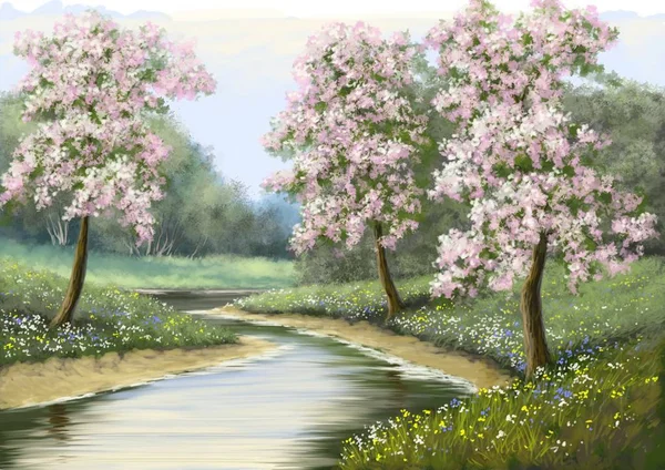 Spring,flower,river, paintings - Stock Image - Everypixel