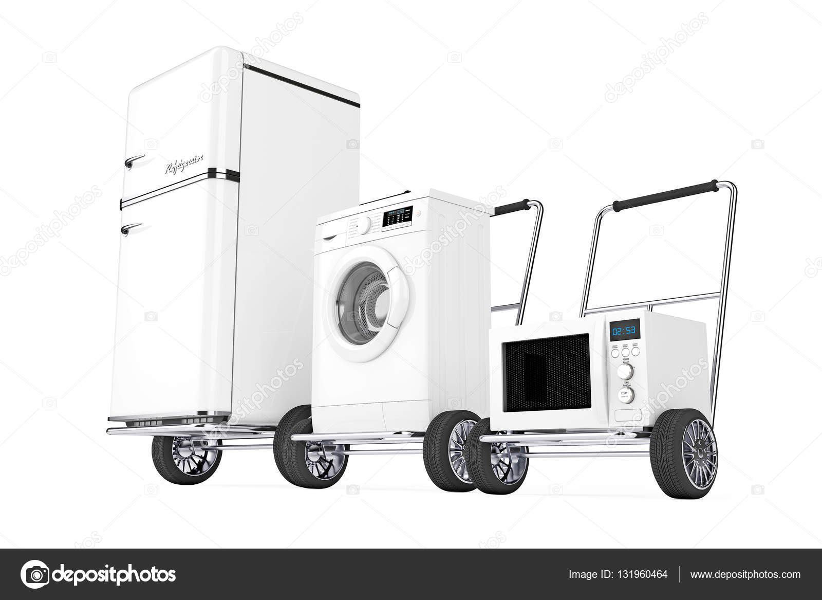 Fridge, Washing Machine and Microwave Oven over Hand Carts. 3d R Stock ...