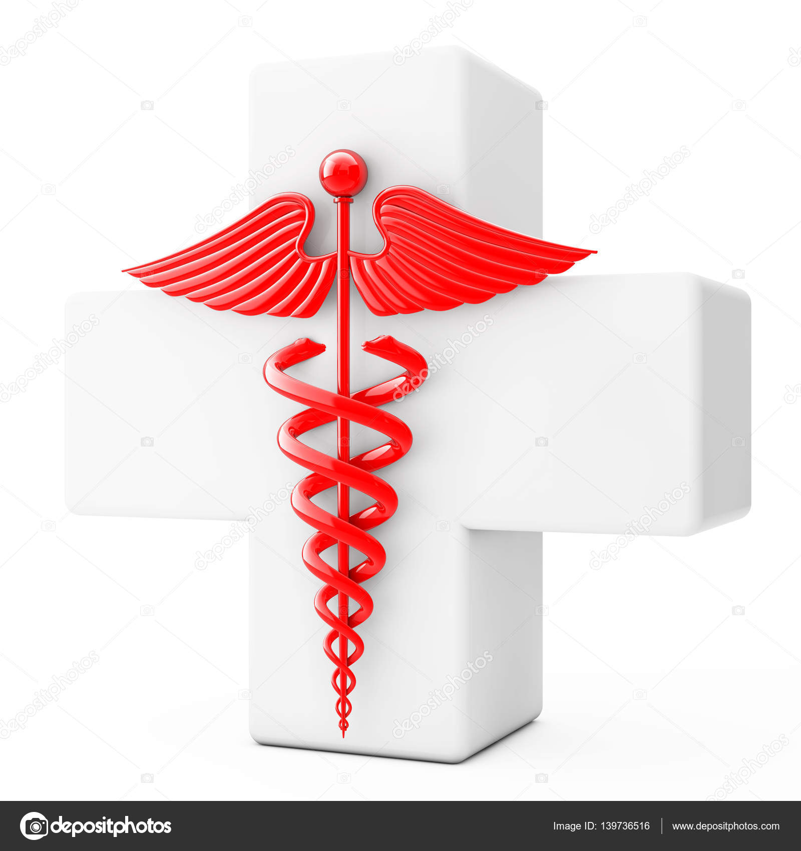 Red Caduceus Symbol in front of White Cross. 3d Rendering Stock Photo ...