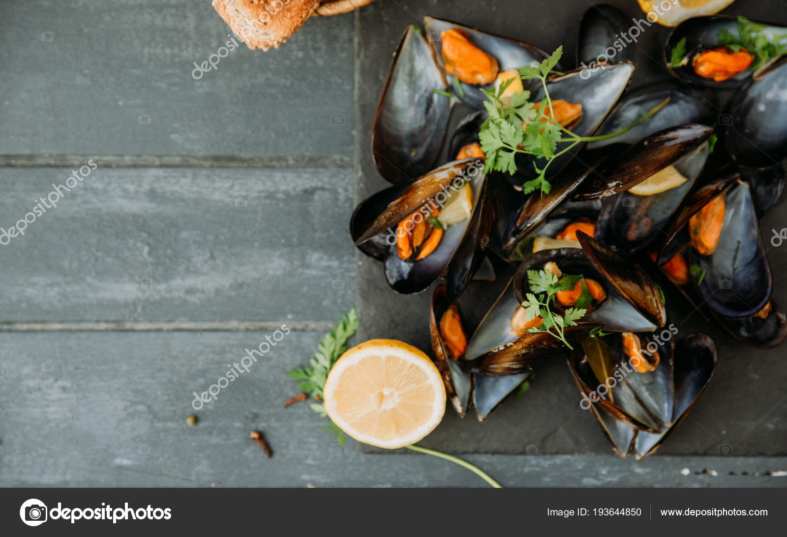 Boiled Mussels Table Top View — Stock Photo © VictoriaBee #193644850