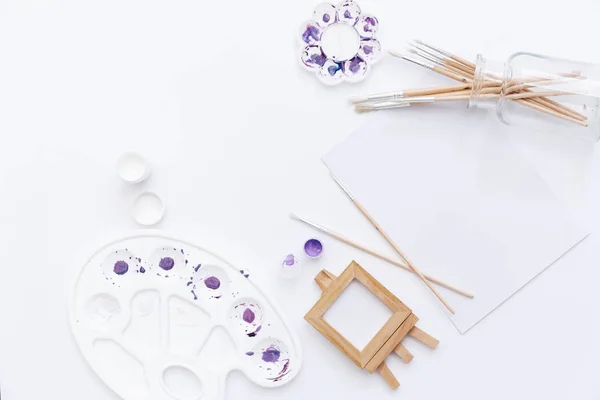 Artist Workplace Paints Palettes Paint Brushes Cup Coffee Milk White ...