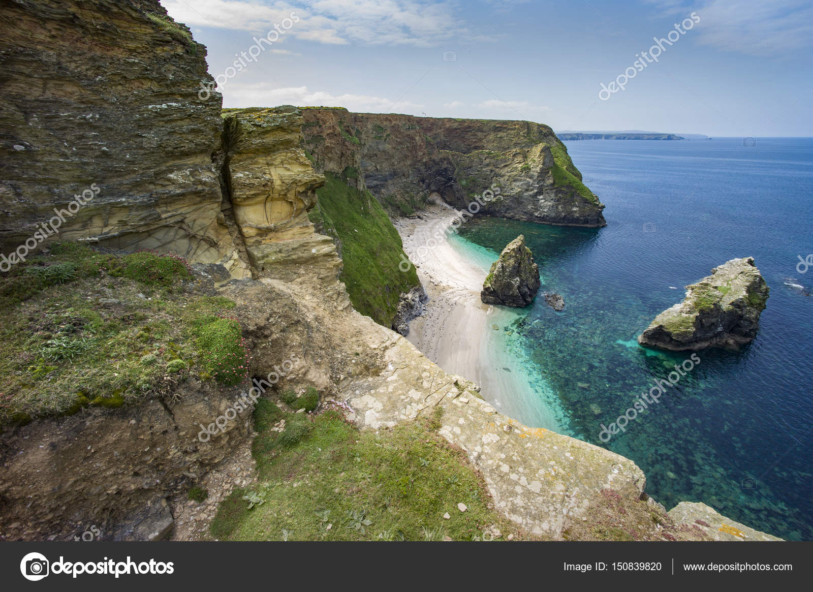 Cornish clifftop with sand beach and clear water Stock Photo by ...