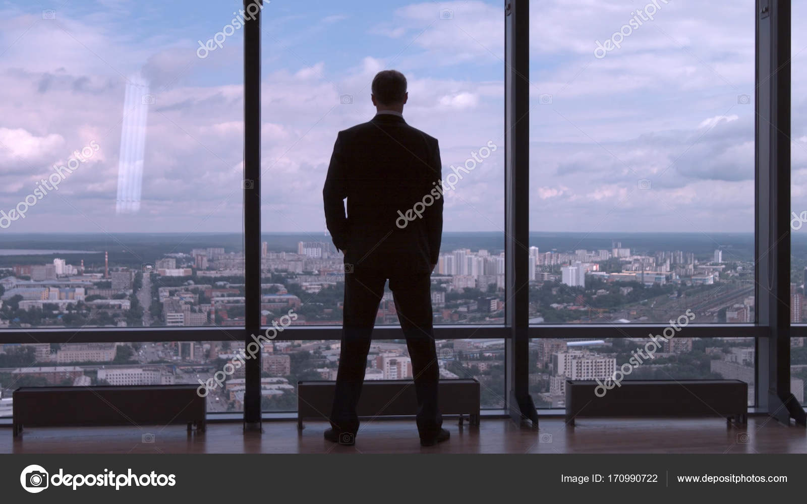 Full length back view of successful businessman in suit standing in ...