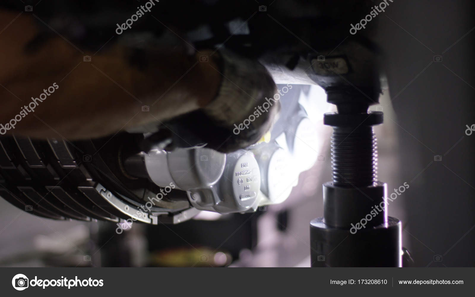 Calm workers controlling aircraft machine and chassis. Aircraft ...