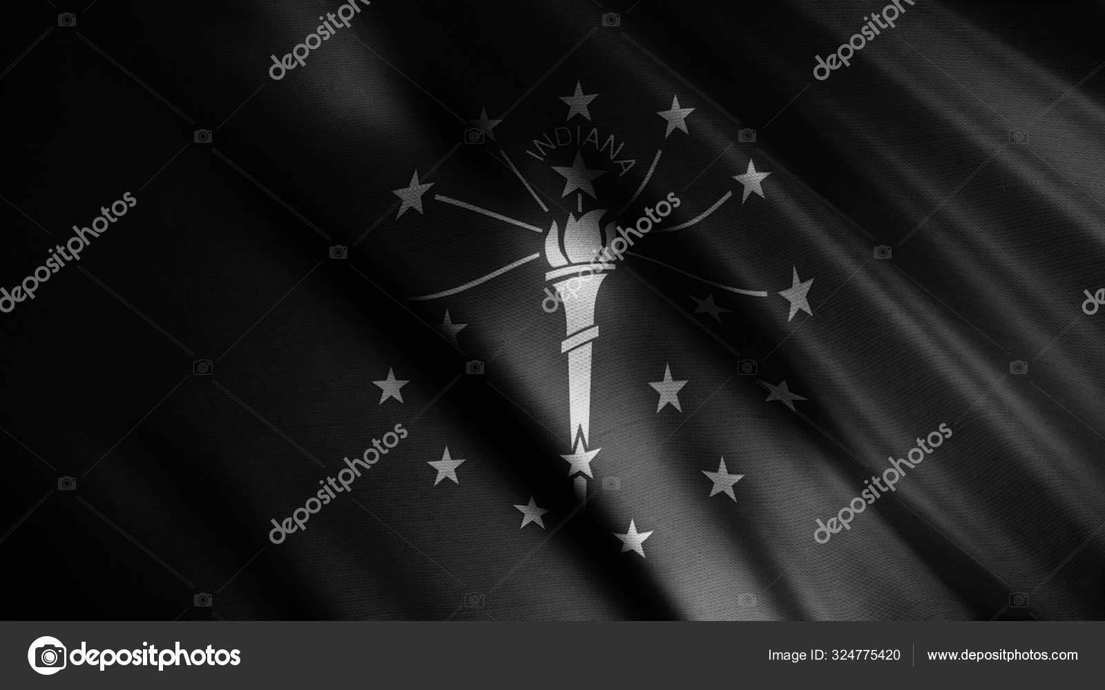 Black and white flag of the state of Indiana with a torch waving slowly ...