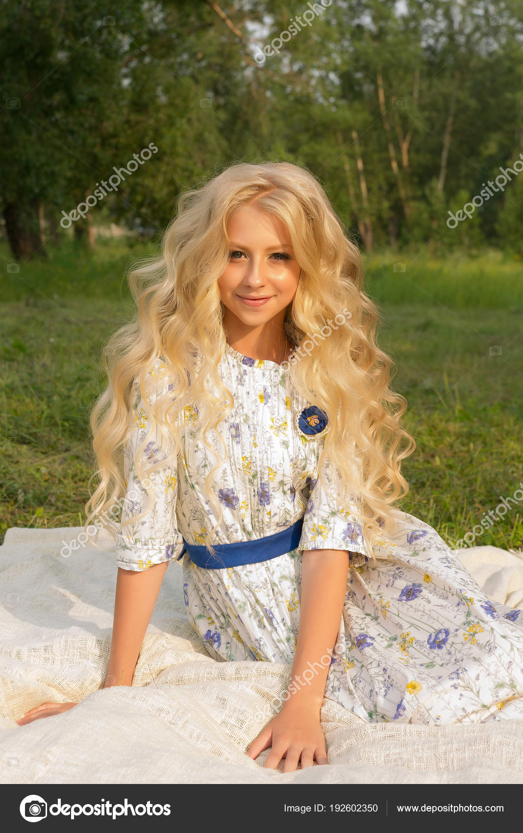 Beautiful charming long curly blonde hair teenage girl wearing a — Stock Photo © alextorb #192602350
