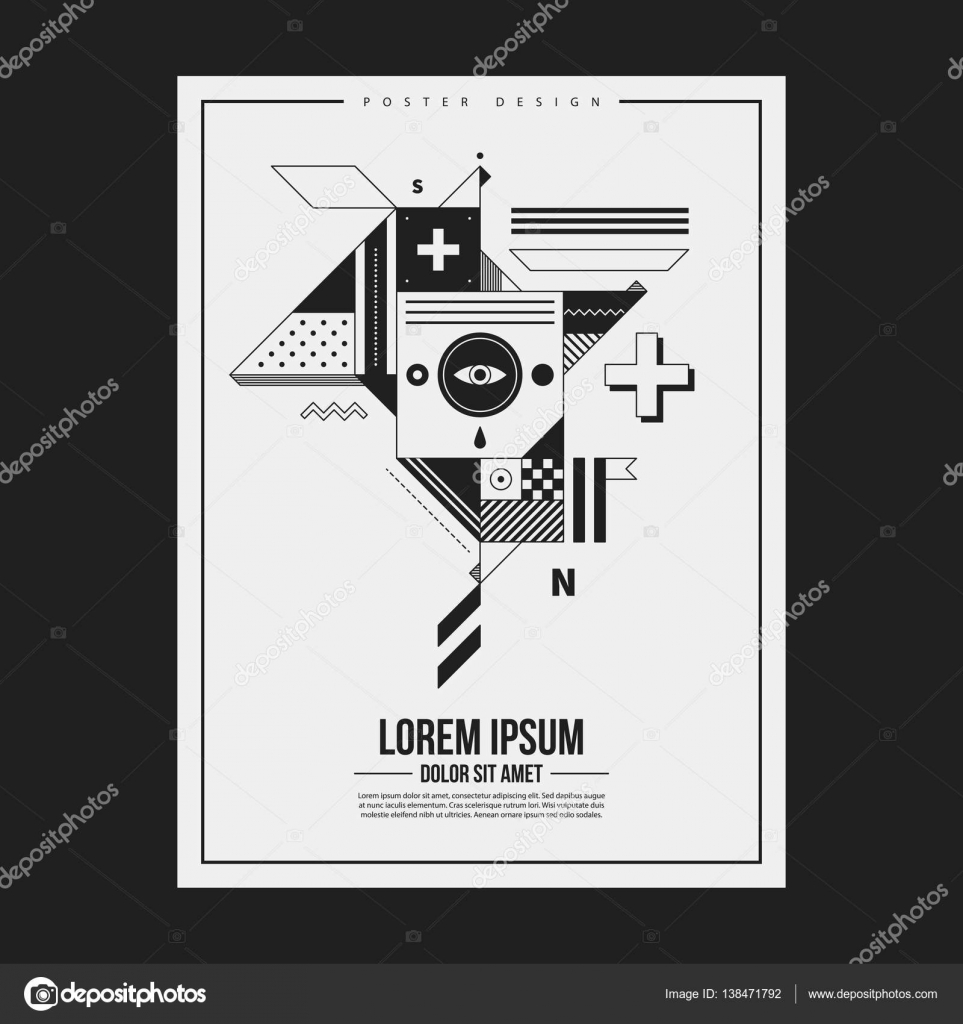 Monochrome poster design template with abstract geometric creature ...