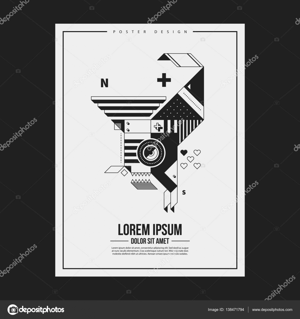 Monochrome poster design template with abstract geometric creature ...
