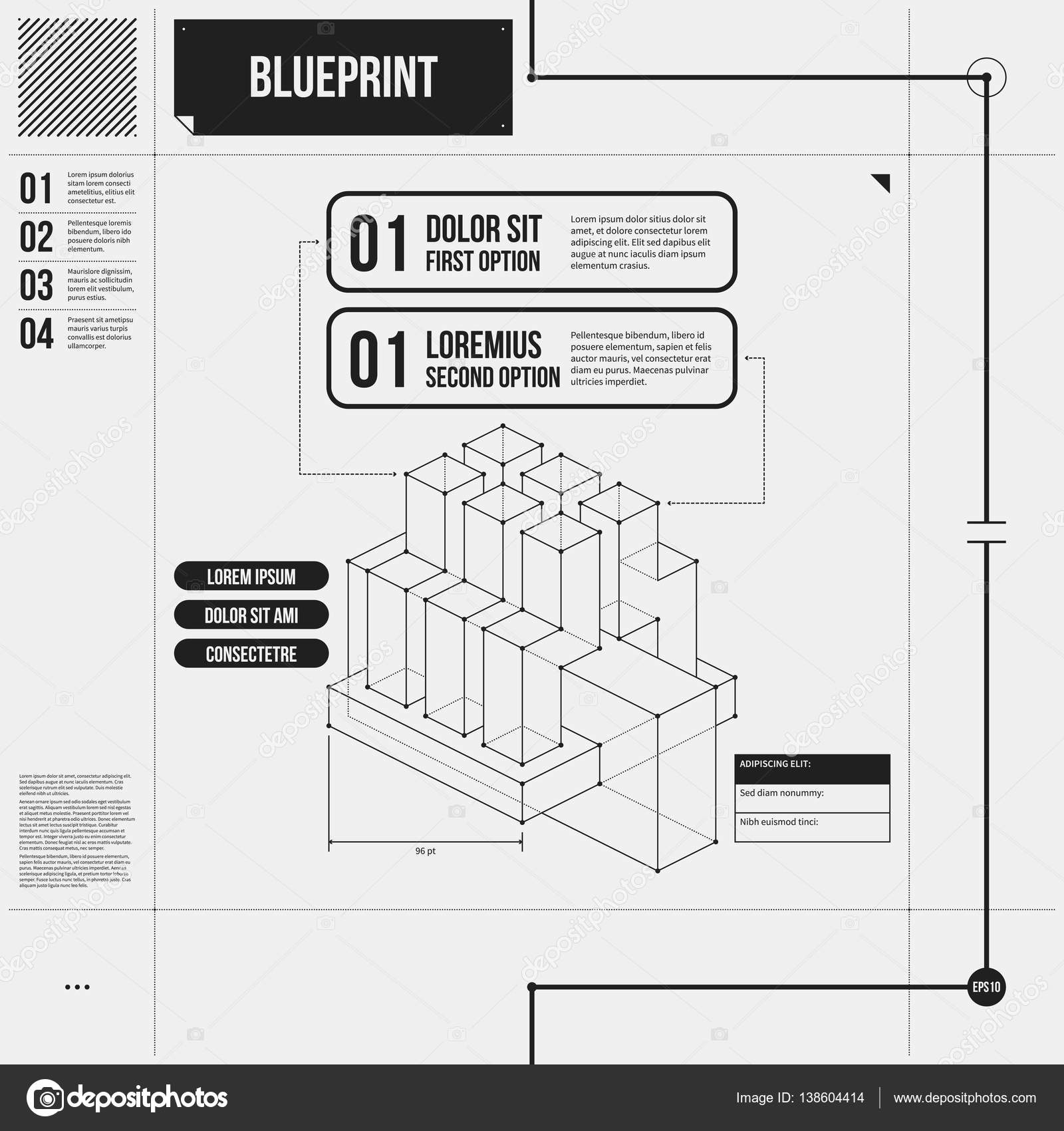 Two numbered options layout in draft style with abstract isometric ...