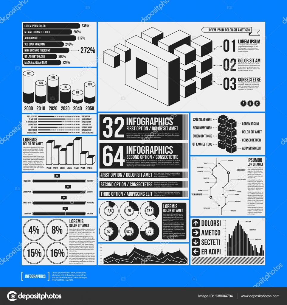 Big set of infographics elements in black and white colors on blue ...
