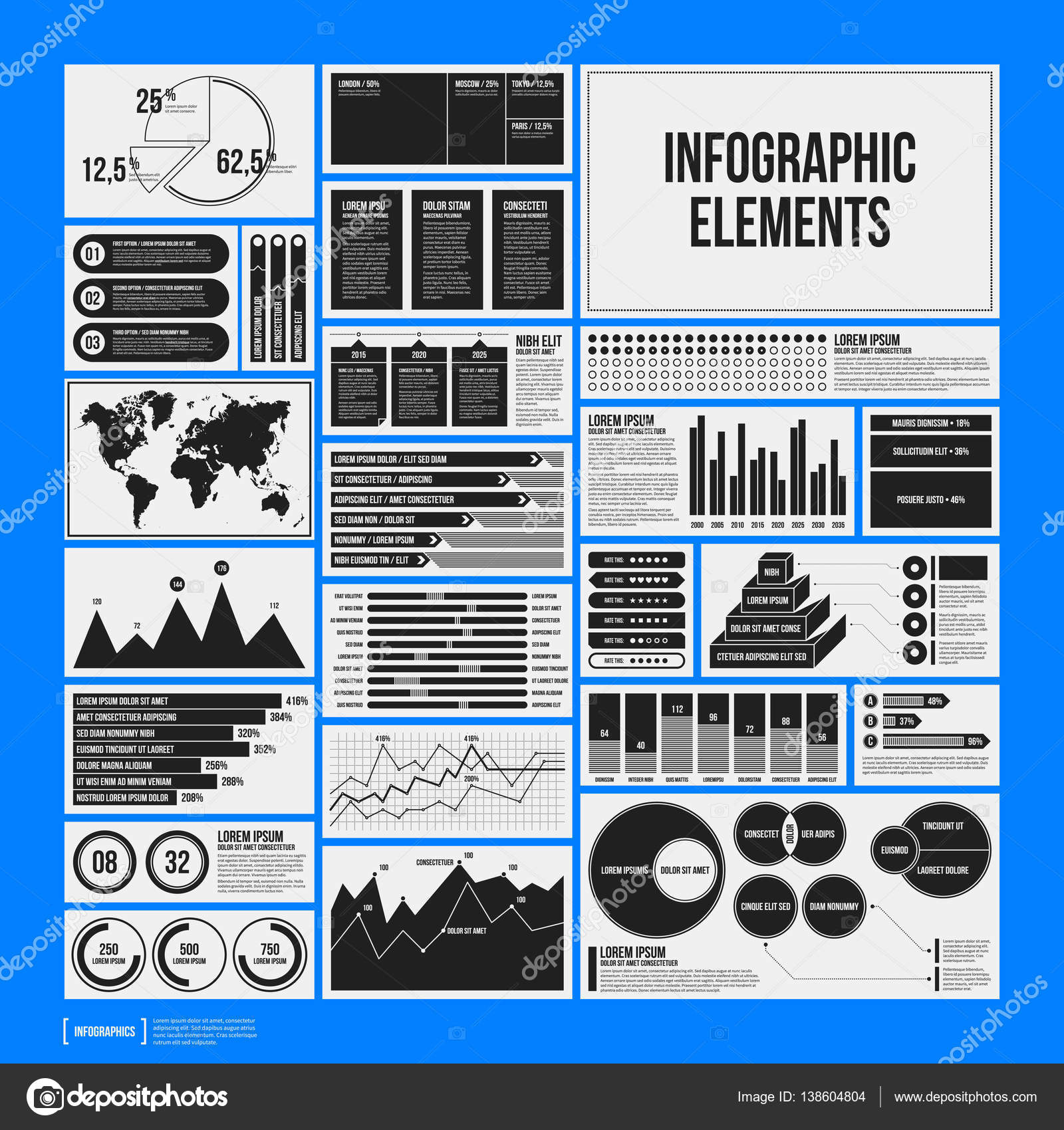Big set of infographics elements in black and white colors on blue ...