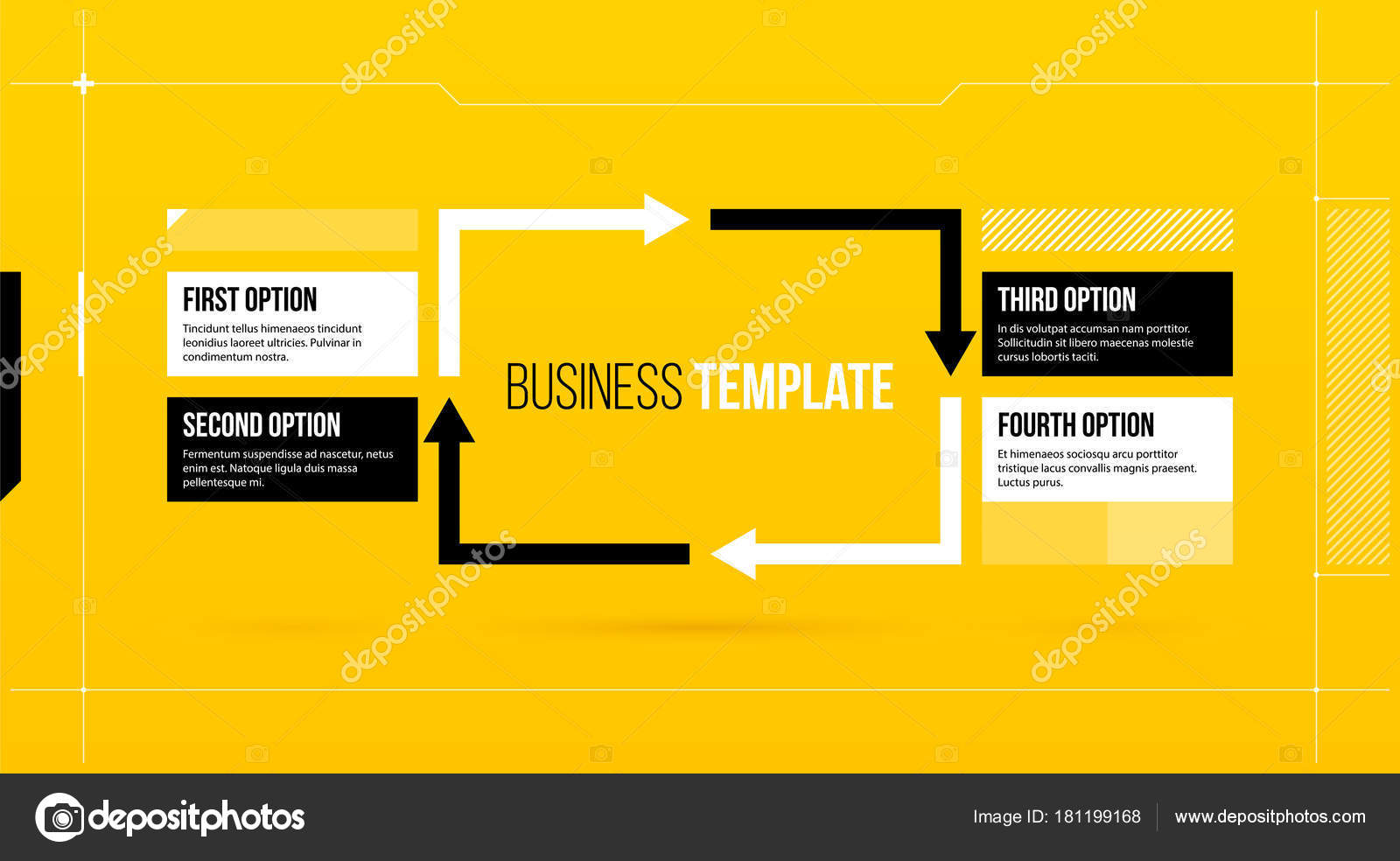 Rectangular arrows template with four options on yellow background in elegant blueprint style ...