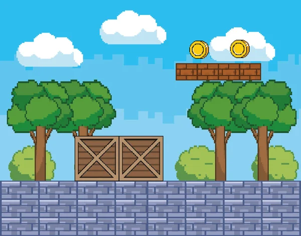 Arcade game world and pixel scene design vector illustration - Stock ...
