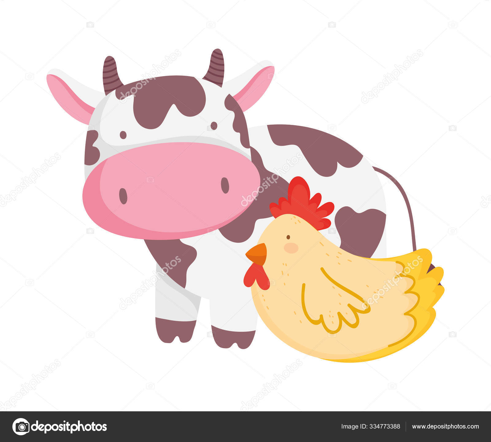 Cow with chicken in head fence and fruits trees farm animal cartoon ...