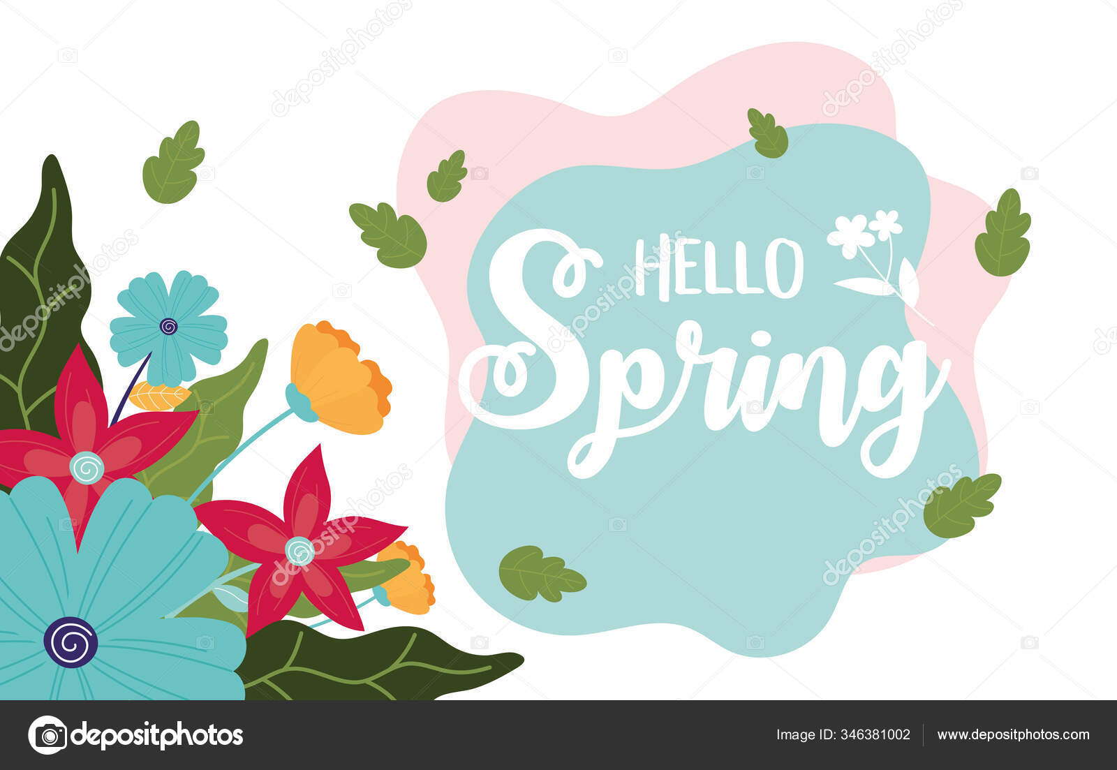 Happy spring flowers botanical leaves decoration postcard — Stock ...