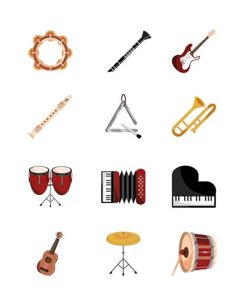 Musical instruments string wind percussion icons set dark background ...