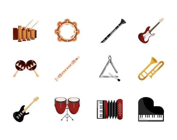 Musical instruments string wind percussion icons set dark background ...