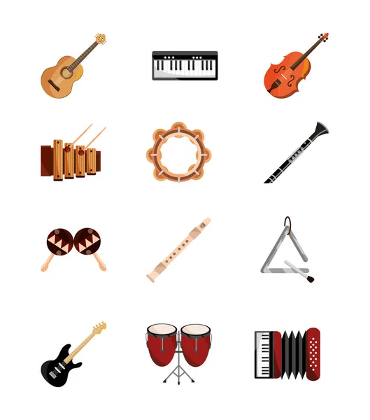 Musical instruments string wind percussion icons set dark background ...