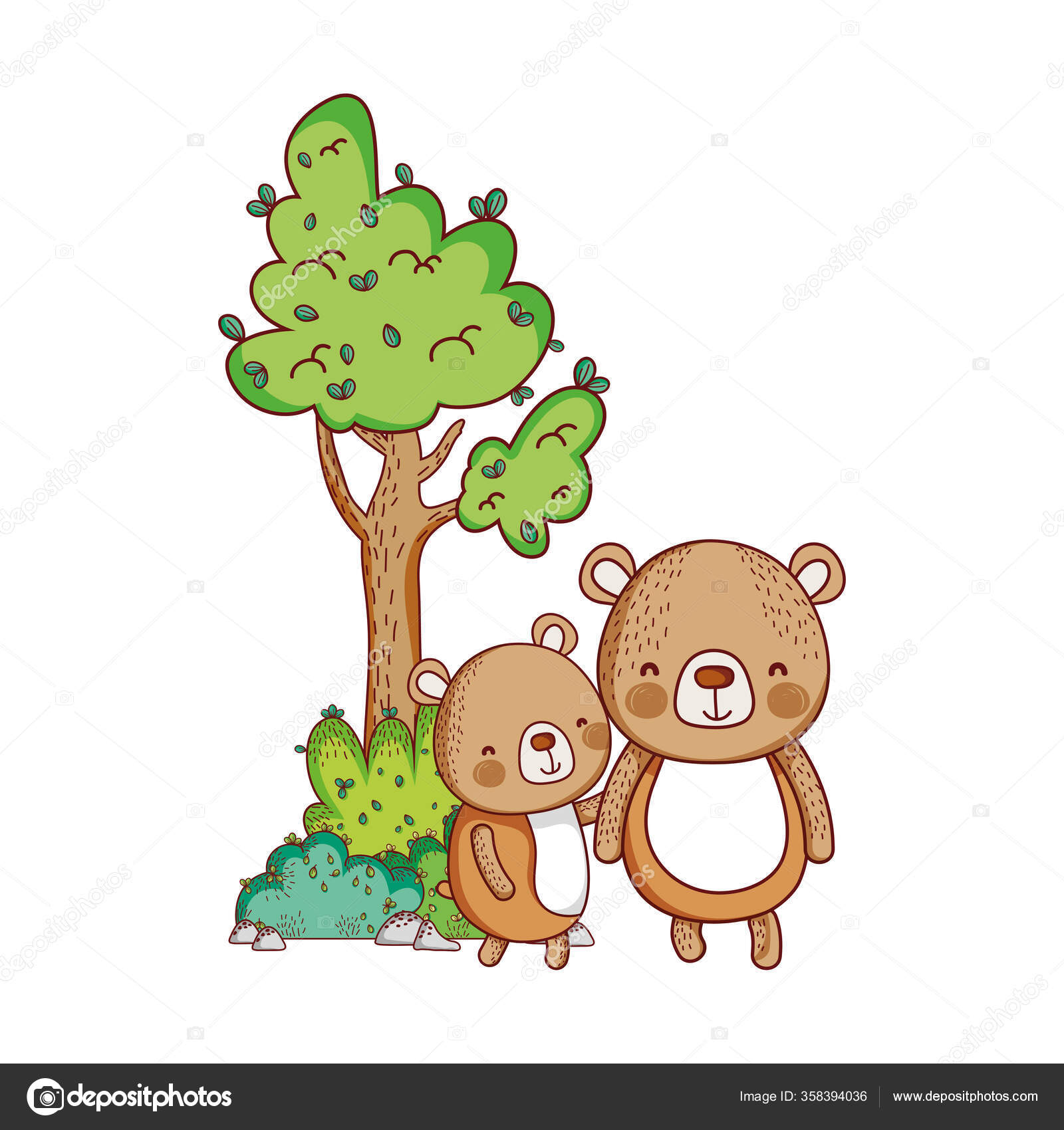 Cute animals, little bears tree nature cartoon Stock Vector Image by ...