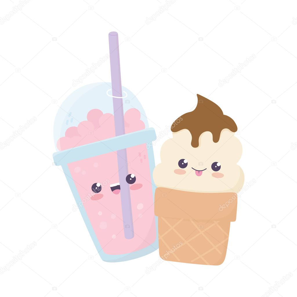 lindo helado y batido kawaii personaje de dibujos animados 2022