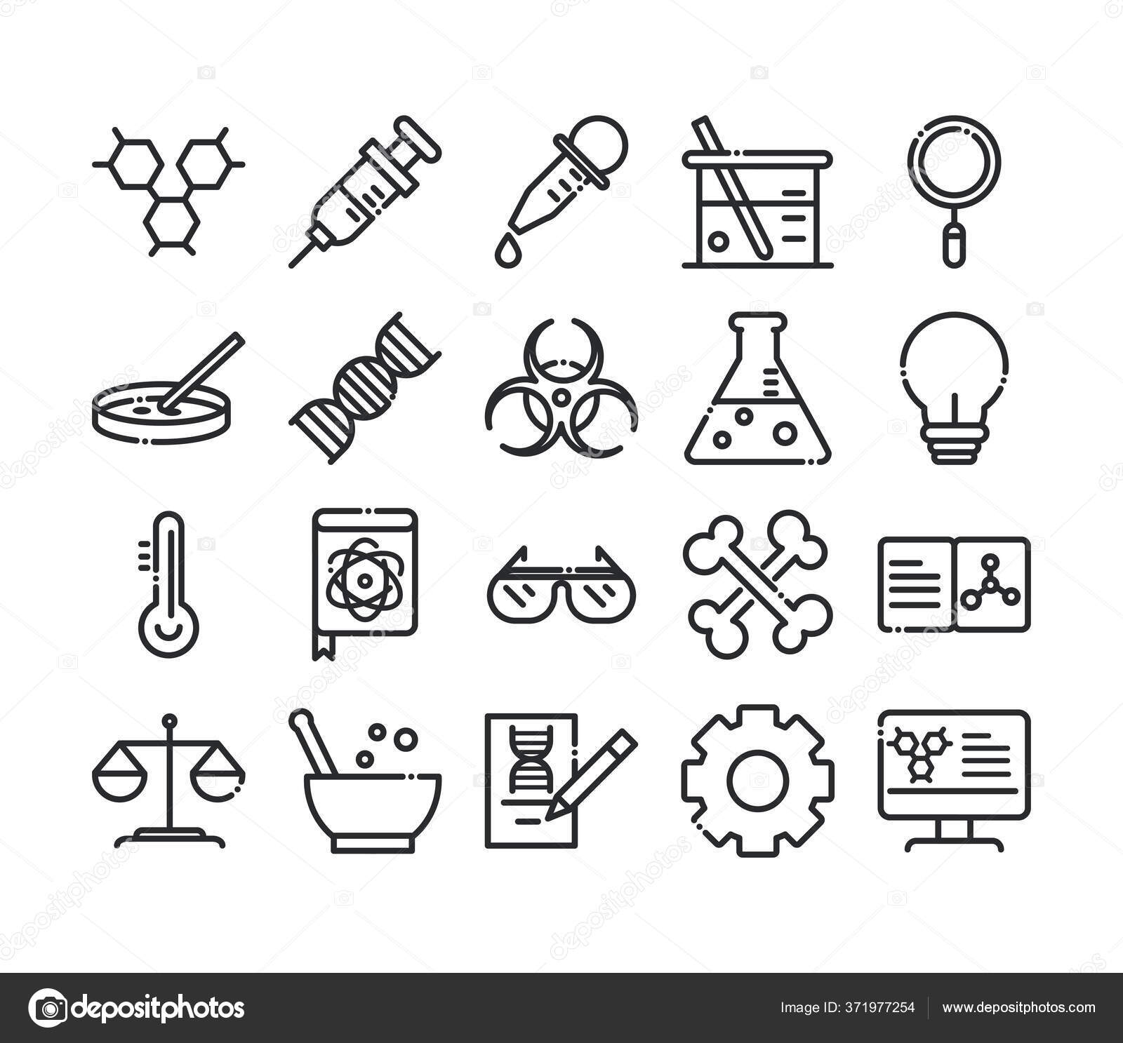 Science and research laboratory study icons collection line style icon ...