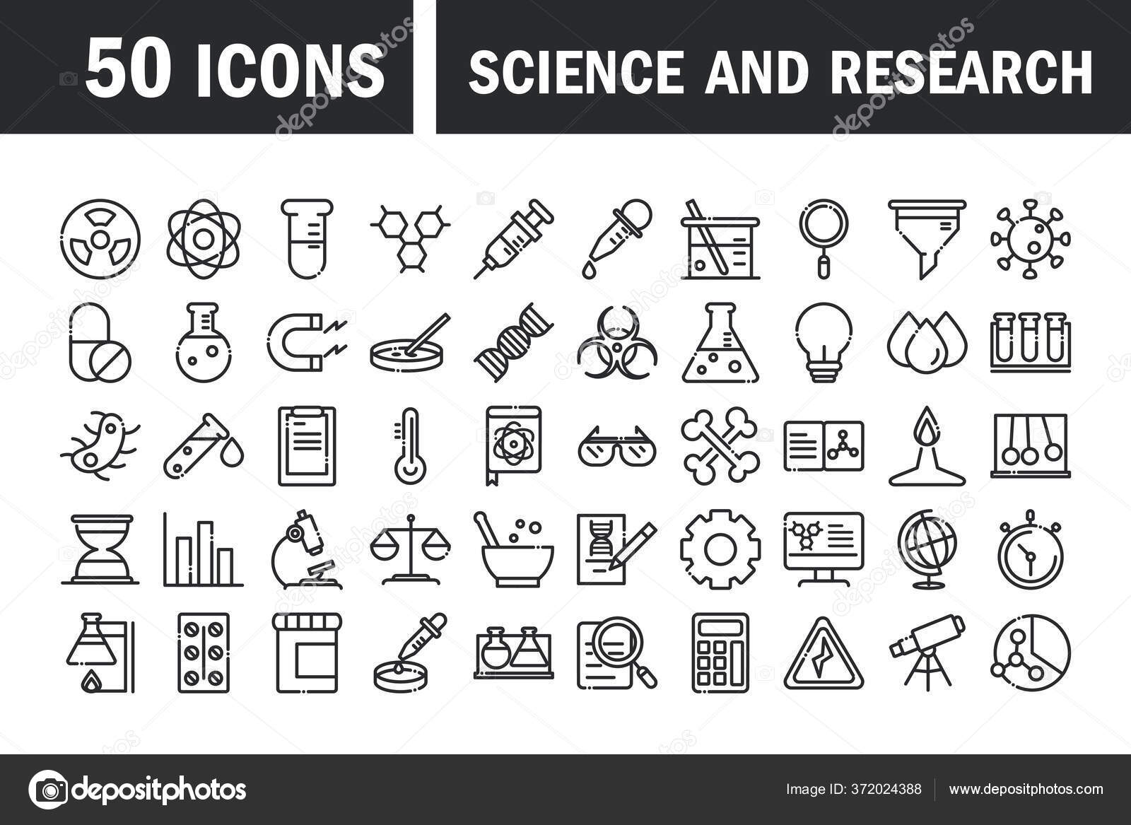 Science and research laboratory study icons collection line style icon ...