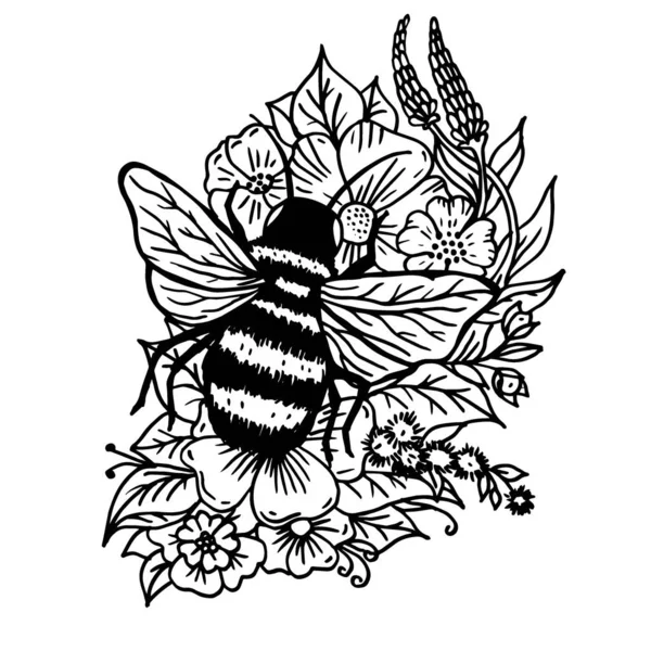 Doodle Cute Bird Branch Flowers Black Outline White Background — Stock ...