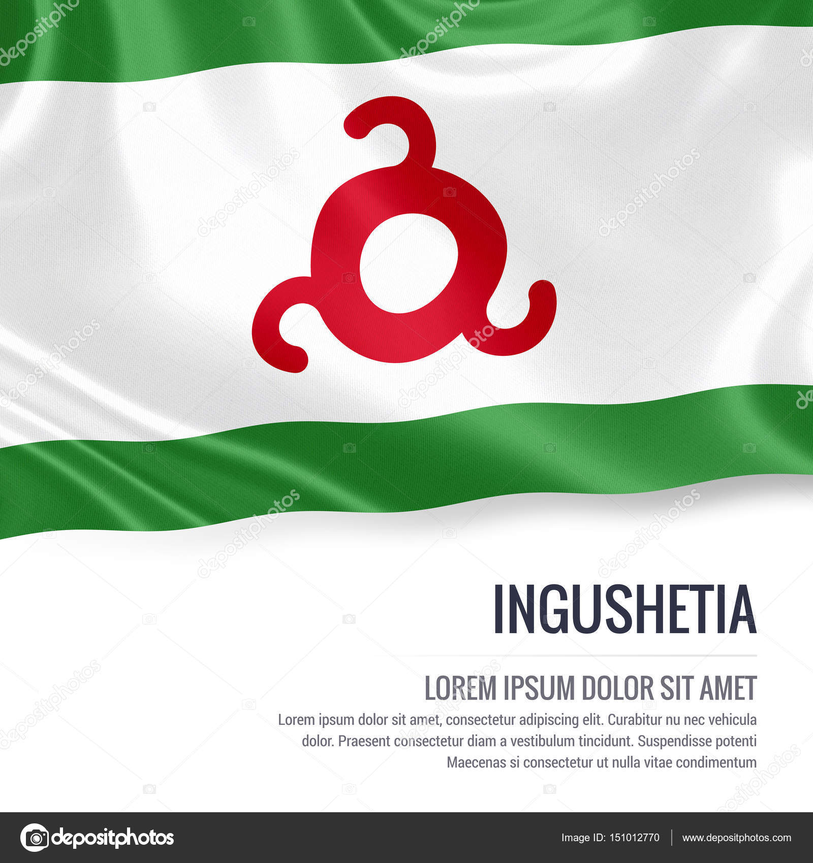 Ingushetia flag. Silky flag of Ingushetia waving on an isolated white ...