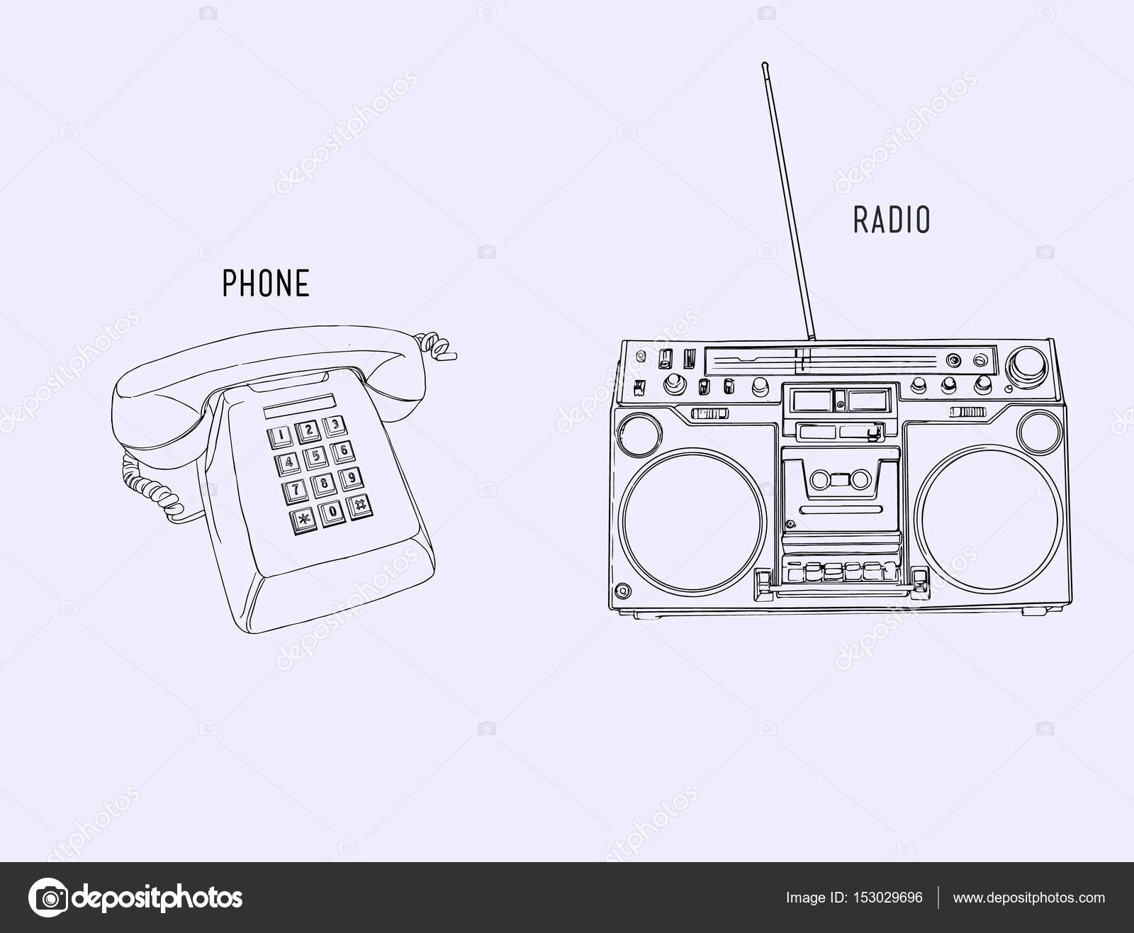 Sey of retro phone and radio . sketch line art vector. Stock Vector by ...