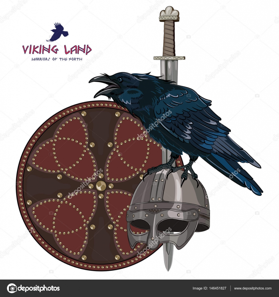 Design With Nordic Sword Shield Viking Helmet And Sitting On It Raven