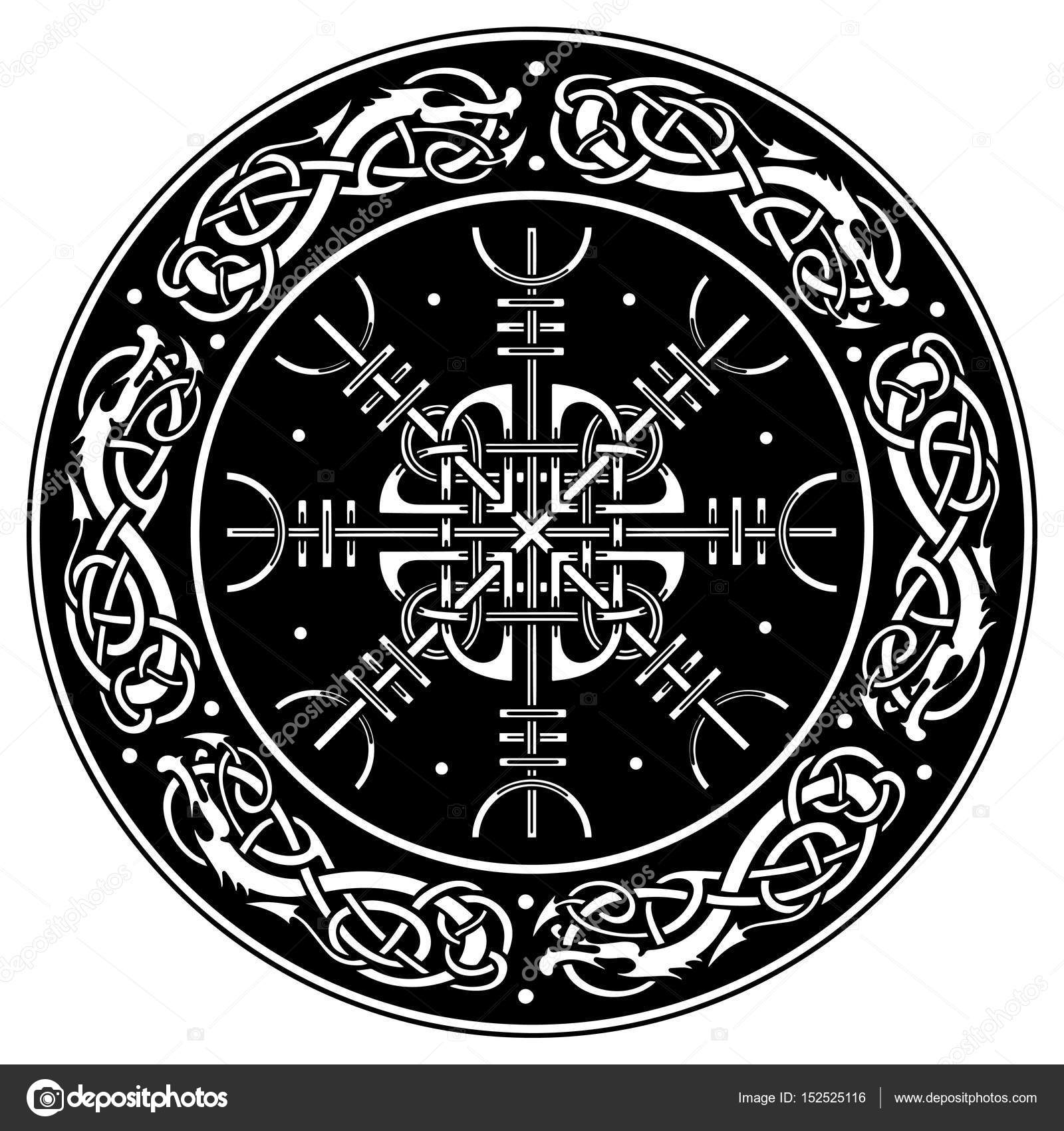 Viking bearded warrior made by detailed knotwork with runic border ...