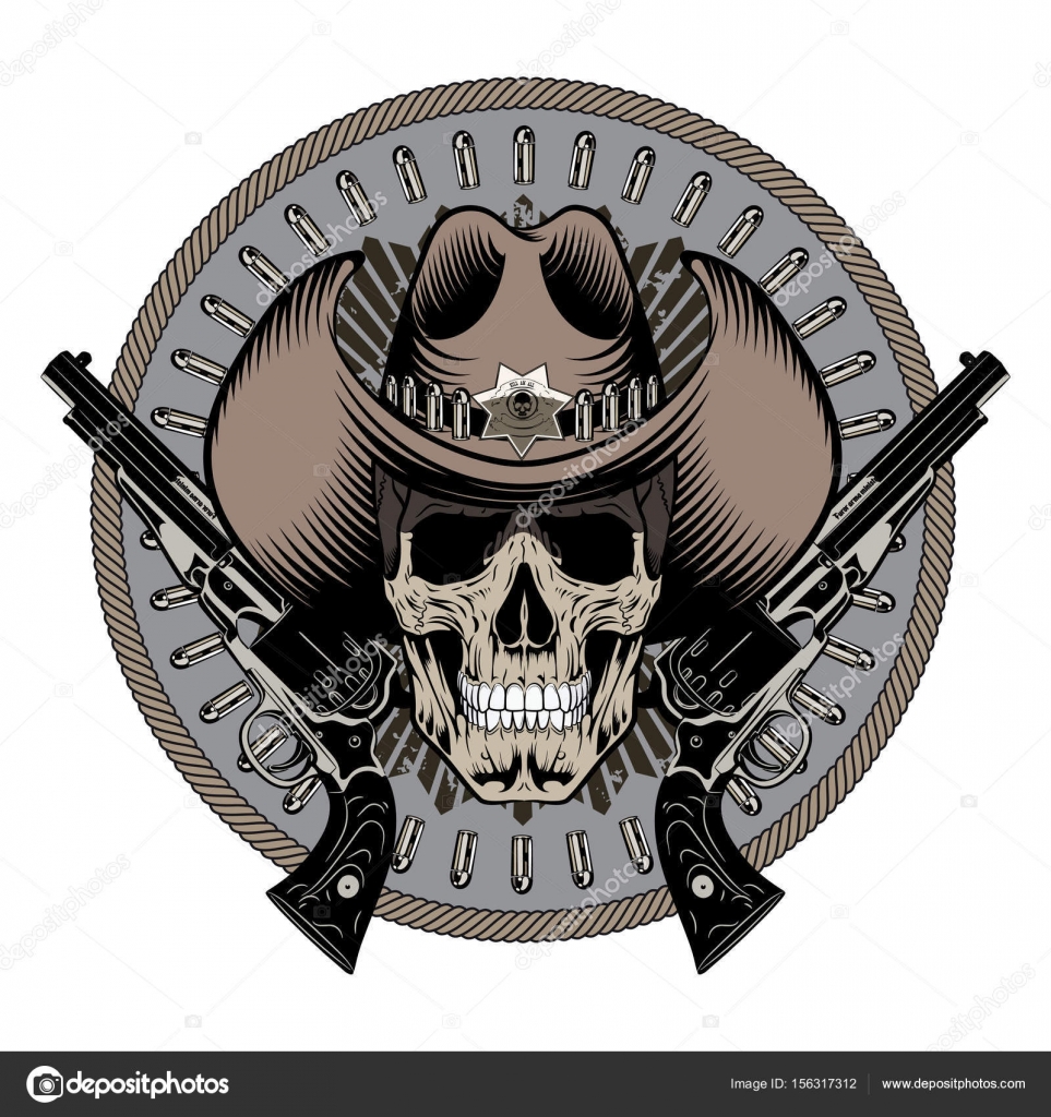 Design Gunfighter. Skull in cowboy hat, two crossed gun and bullets ...
