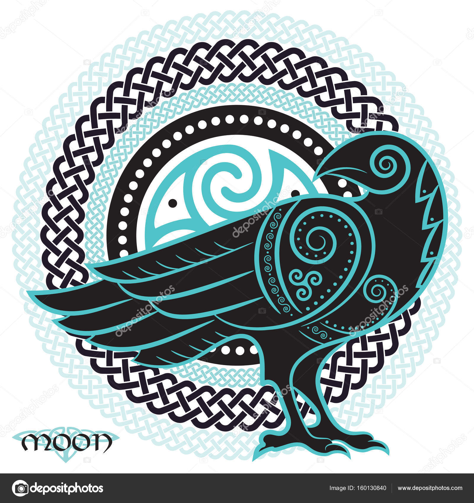 Raven hand-drawn in Celtic style, on the background of the Celtic moon ...