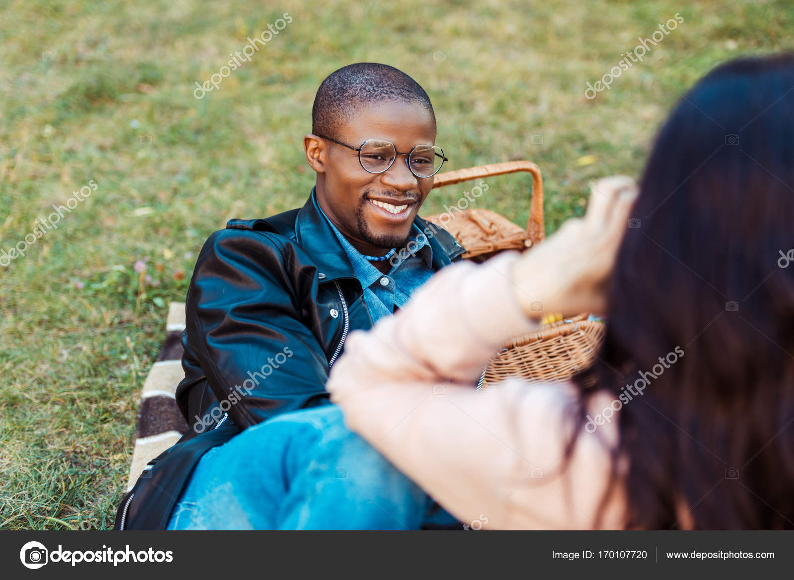 Boyfriend laughing and lying on blanket — Free Stock Photo ...